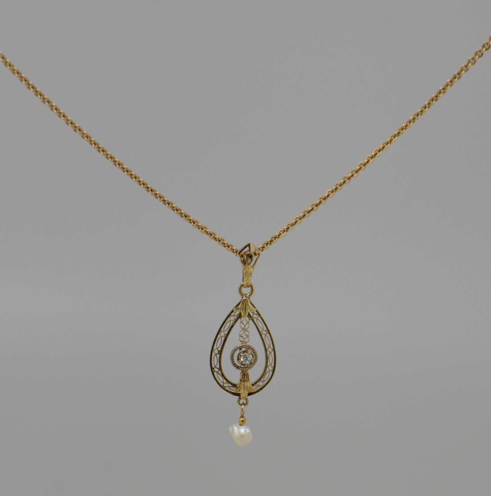 14K Yellow Gold Edwardian Diamond and Baroque Pearl Pendant on 17 ...