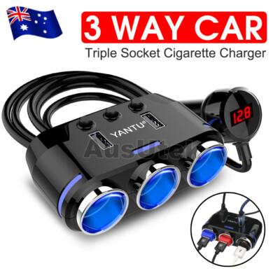 3 Way 12V Multi Socket Car Cigarette Lighter Splitter Dual USB Charger ...