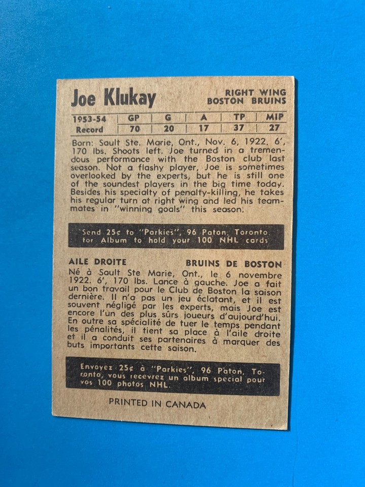 54/55 Parkhurst #54 Joe Klukay Boston Bruins NM | eBay