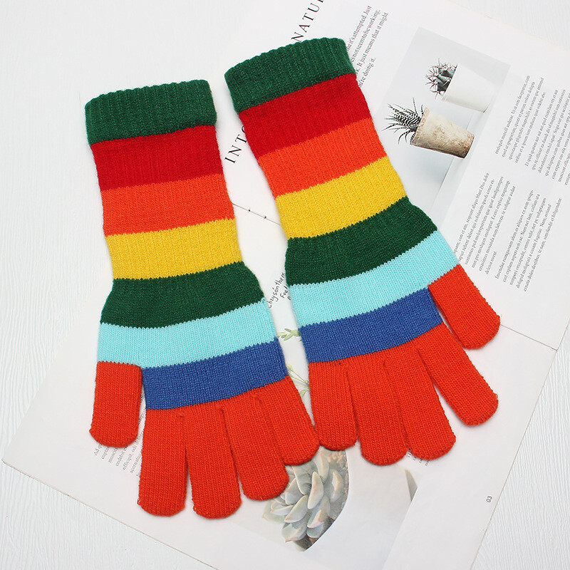 Women Girl Cute Rainbow Stripe Gloves Knitted Touch Screen Fingers Long ...