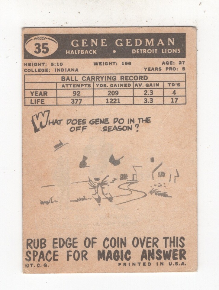 1959 TOPPS FOOTBALL GENE GEDMAN DETROIT LIONS #35 | eBay