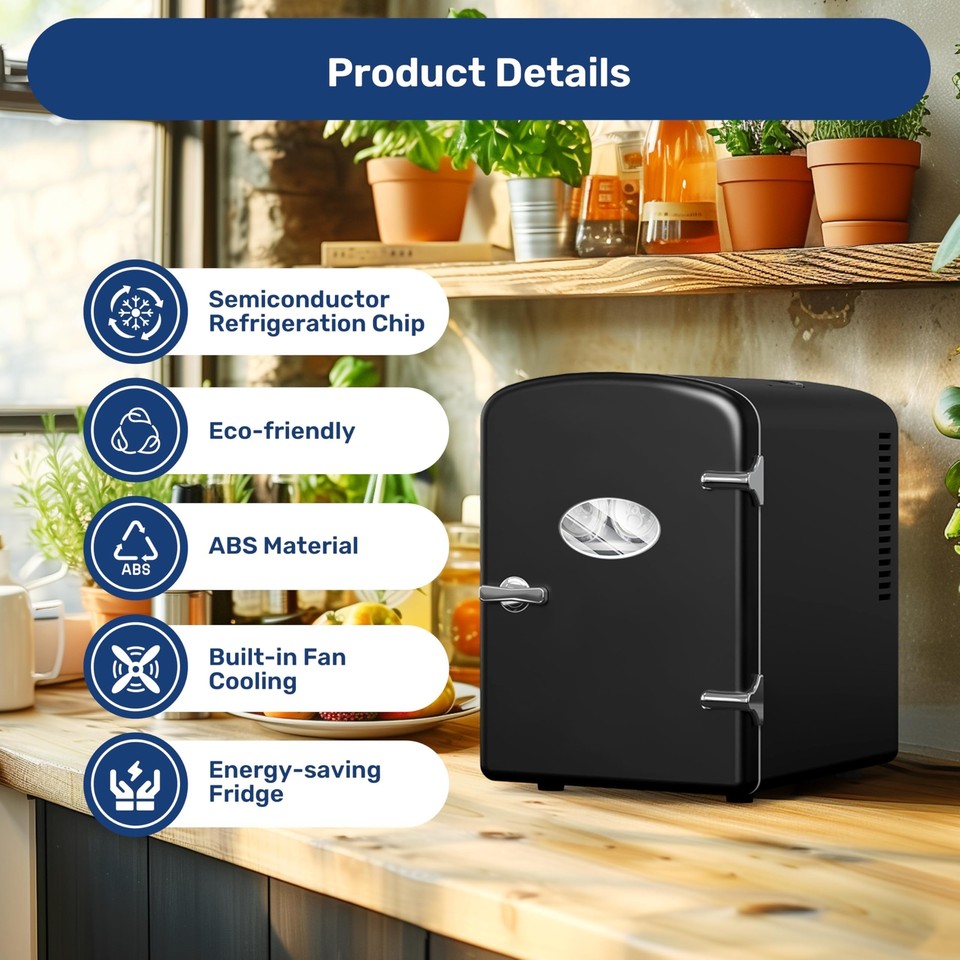 4L 6 Can Portable Mini Fridge Compact Cooler & Warmer with window Black ...