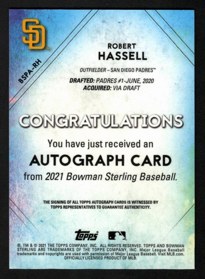 Robert Hassell 2021 Bowman Sterling Prospect Autograph Auto Washington ...