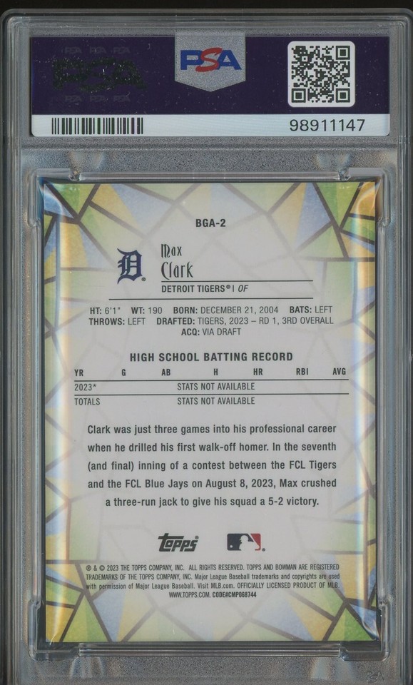 2023 Bowman Draft Glass #BGA2 Max Clark Detroit Tigers RC Rookie PSA 9 ...