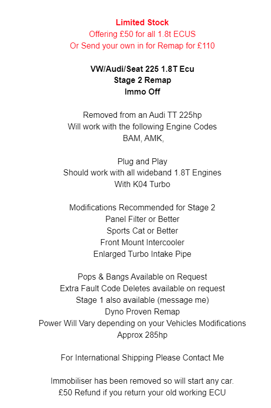 Audi TT S3 BAM AMK 225 ECU Immo Off (285hp) Stage 2 | eBay UK