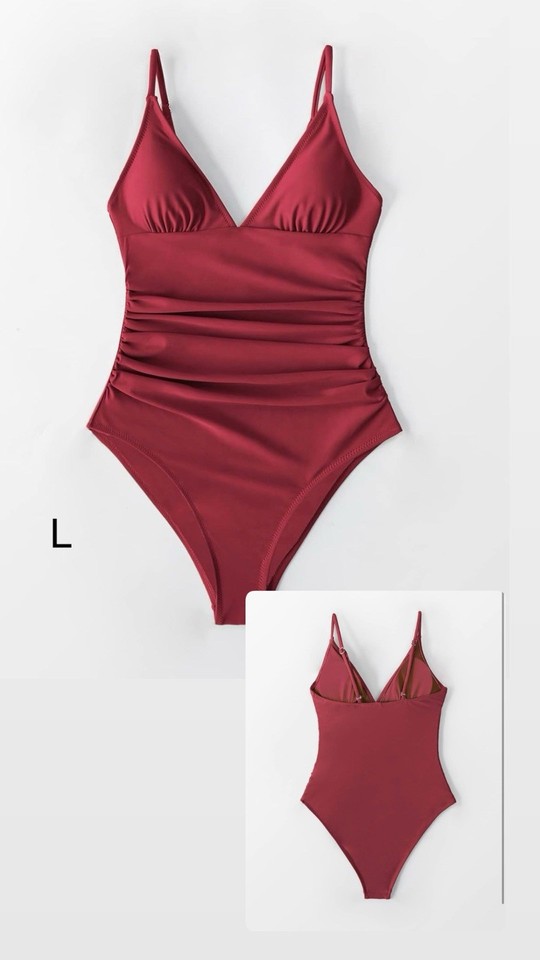 Large Women's Ruched Padded One-Piece Swimsuit Burgundy | eBay