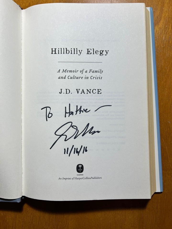 2016 HILLBILLY ELEGY SIGNED BY J.D. VANCE 1ST EDITION IN DUSTJACKET V.P ...