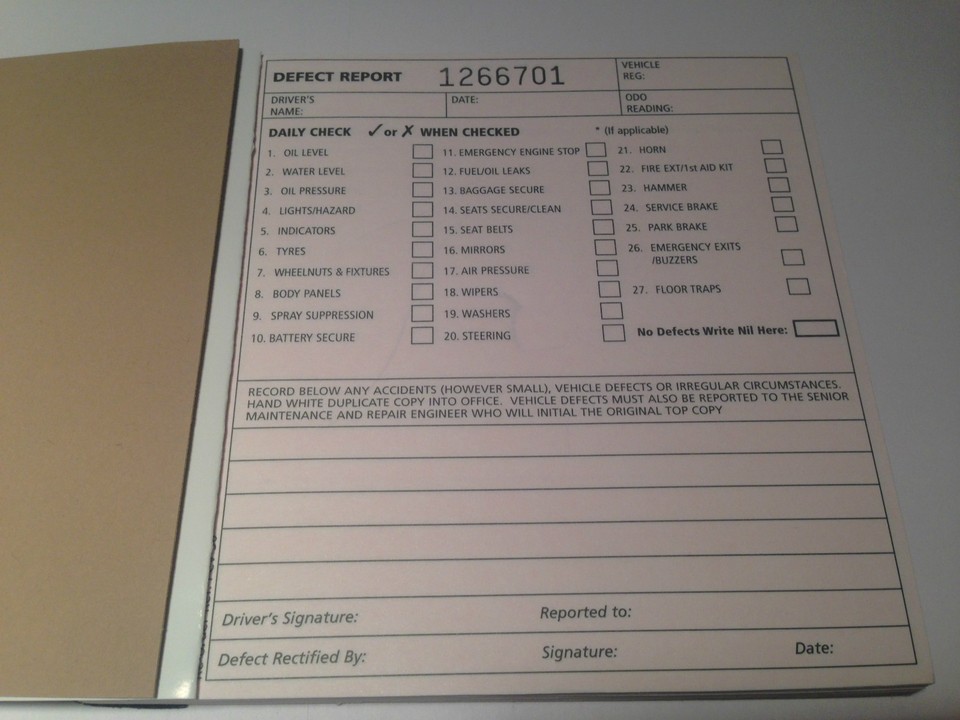 Nil Defect Bus Coach PSV PCV Drivers Walk Around Check Book Duplicate ...