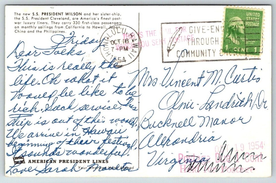 Cruise Liner Postcard - SS President Wilson American President Lines ...