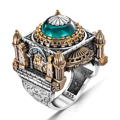 925 Sterling Silver Islamic Mosque Design Green Stone Muslim Men's Ring ...