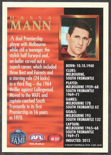 2018 AFL HALL OF FAME (HOF SERIES 5) CARD - HF227 Hassa MANN (MELBOURNE ...