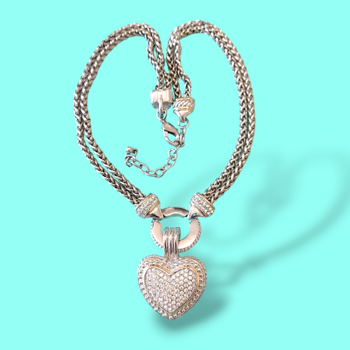 Double Chain Two Tone Pave Rhinestone Heart Necklace Large Bold ...