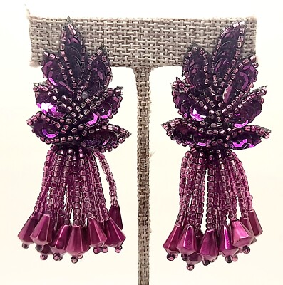 Vintage Handmade purple seed beaded sequins cli on party Dangle fashion ...