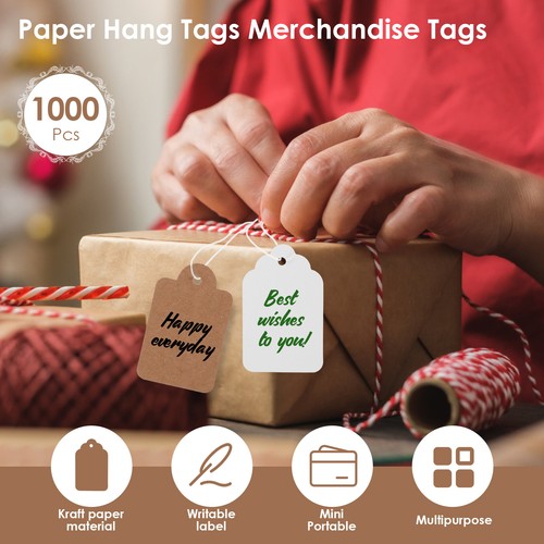 1000 Pcs Price Tags with Hanging Strings Paper Hang Tags Writable String>