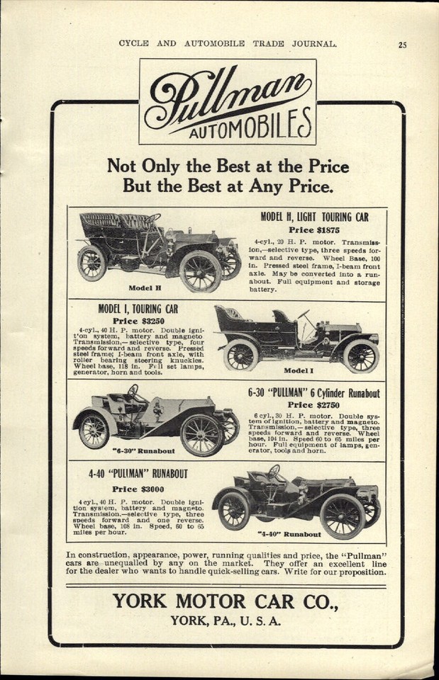 1908 PAPER AD CAR AUTO Pullman Automobile Model H I 6-30 4-40 Cadillac ...