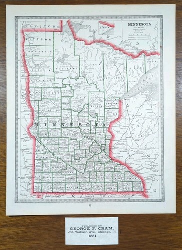 Vintage 1884 MINNESOTA Map 11"x13" ~ Old Antique Original MINNEAPOLIS ...