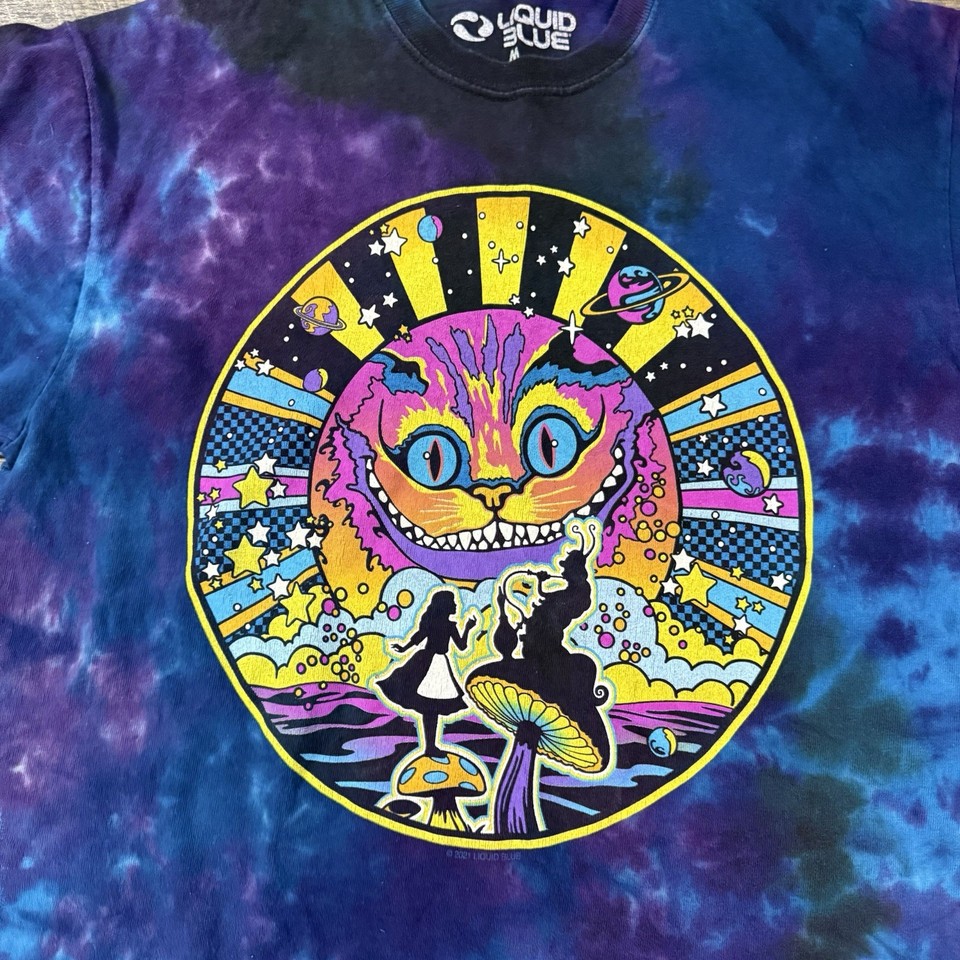 Y2K Liquid Blue T-Shirt Tie Dye Alice in Wonderland Cheshire Cat Adult ...