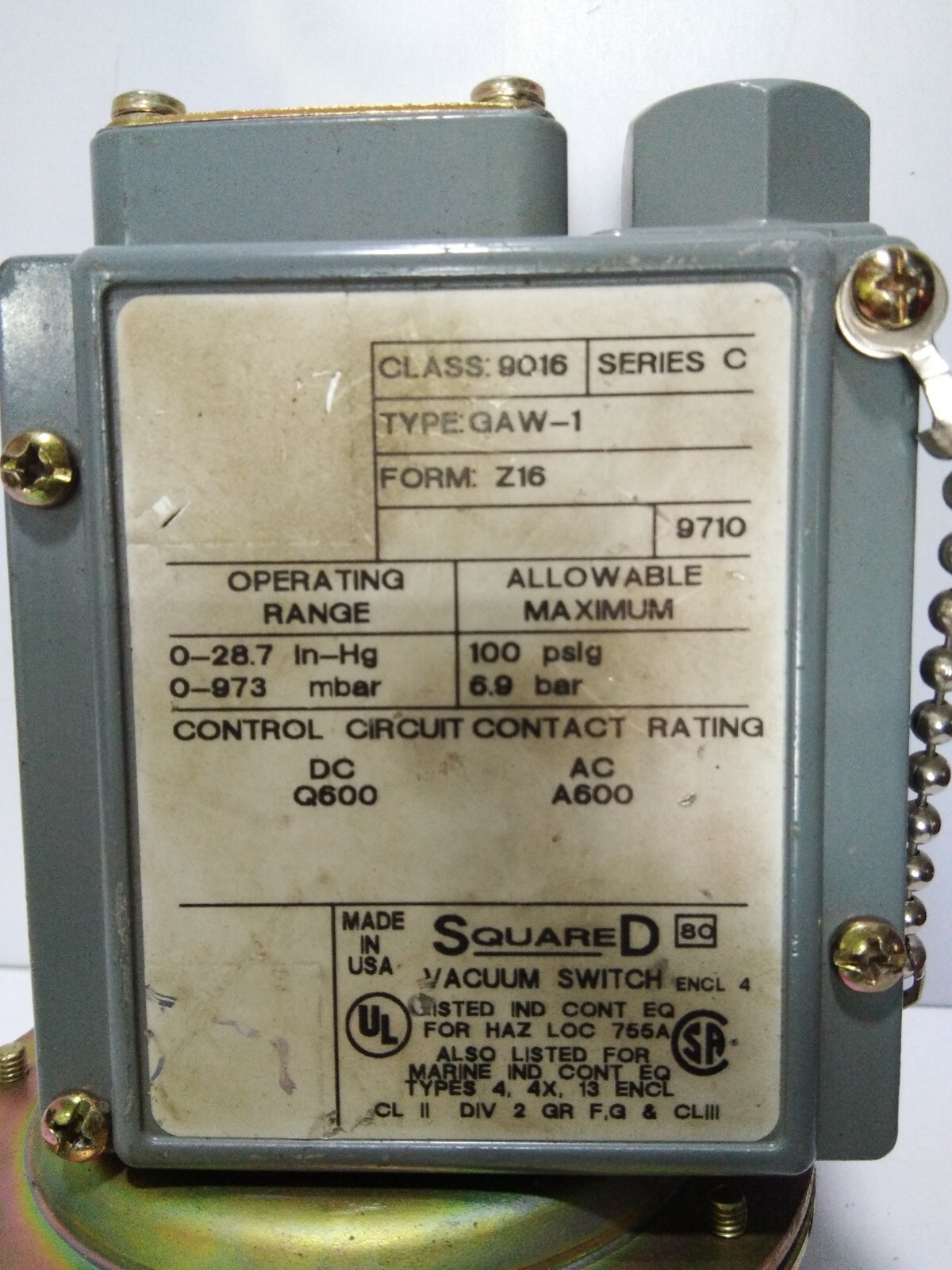 Square D Gaw-1 Class 9012 Industrial Pressure Switch Series C Form H3 ...