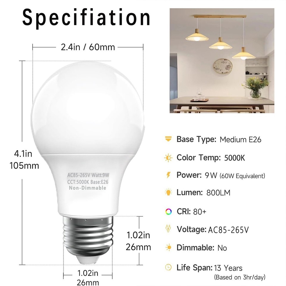 6-Pack A19 E26 LED Bulbs 60W Equivalent 5000K Daylight White 800LM Non ...