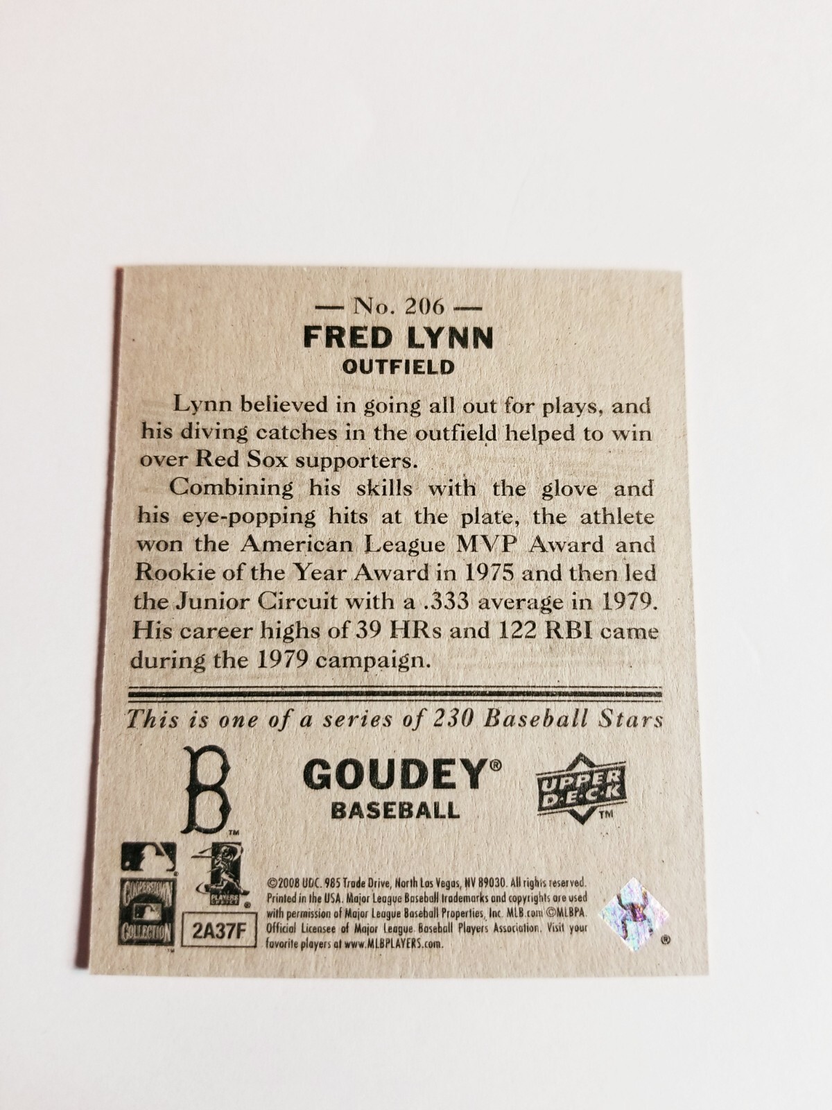 FRED LYNN 2008 UD GOUDEY MINI GREEN BACKS #77/88 RED SOX #206 DEREK ...