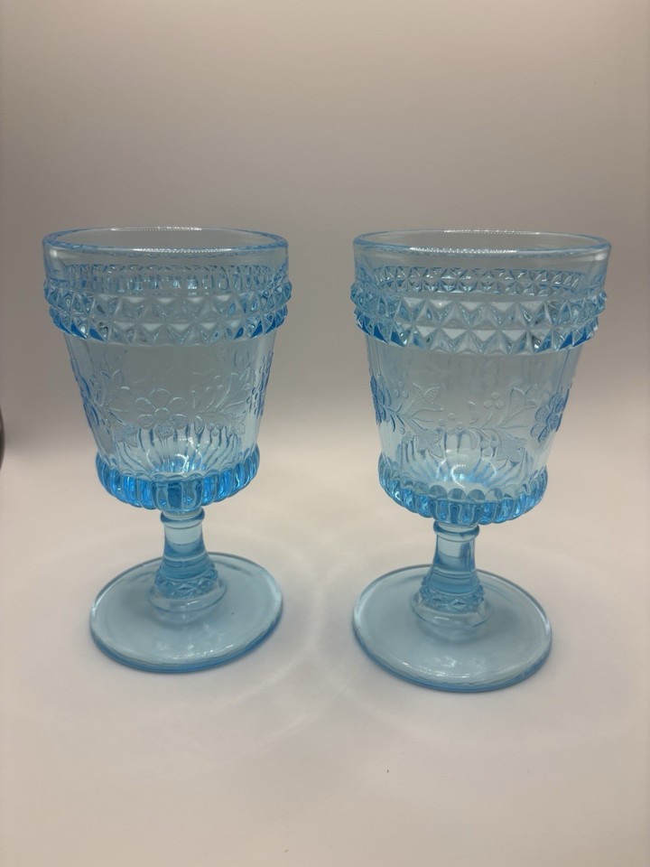 Antique Adams And Co. Wildflower Blue Water/Wine Goblets EAPG 6" Set Of ...