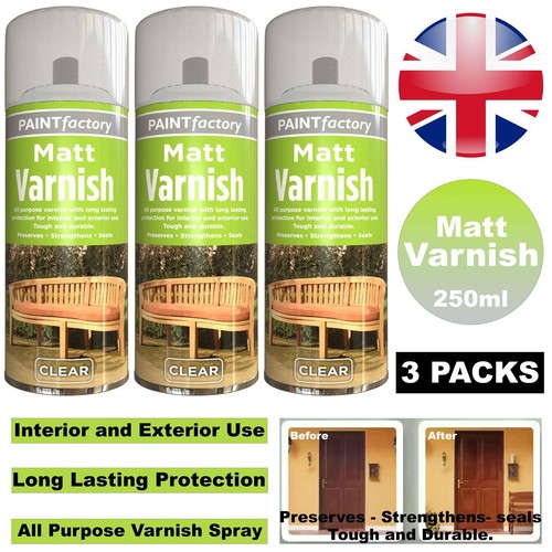 3 x 250ml All Purpose Clear Matt Varnish Spray Exterior Interior ...