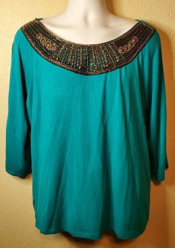 Glitterscape Women's Size XL Blue Beaded Top Blouse Shirt 3/4 Peekaboo ...