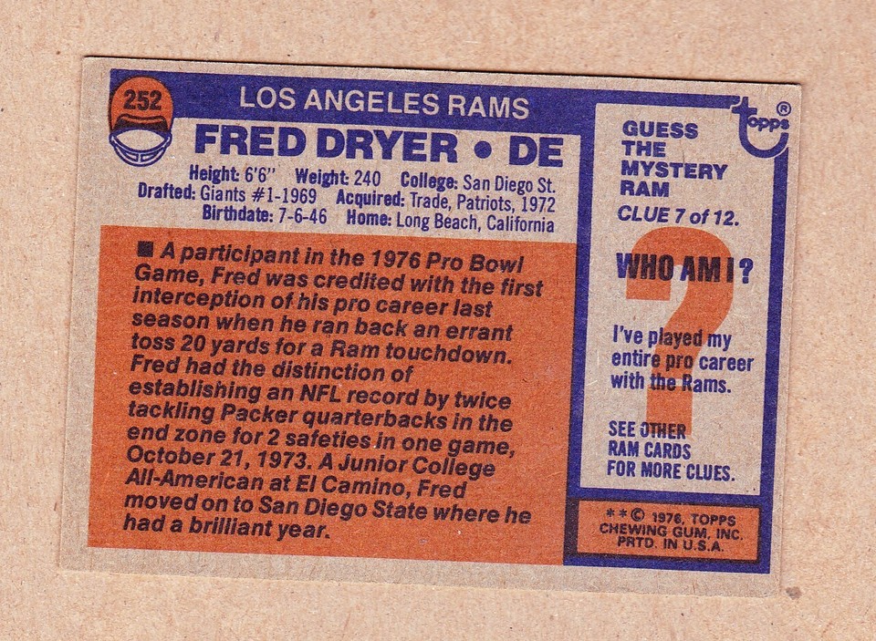 Fred Dryer signed 1976 Topps card #252-Los Angeles Rams | eBay