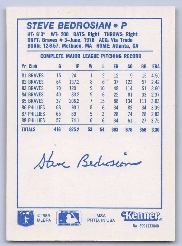 1989 STEVE BEDROSIAN - Kenner Starting Lineup Card - PHILADELPHIA ...