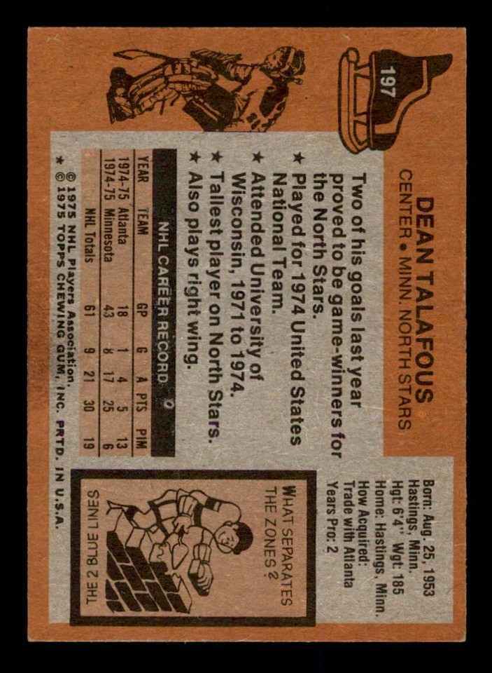 1975 Topps Hockey #197 Dean Talafous EX *d3 | eBay