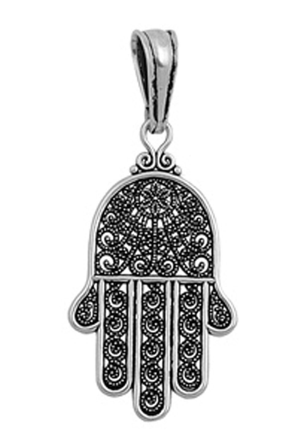 Ornate Hand of God Pendant .925 Sterling Silver Detailed Hamsa Finger ...