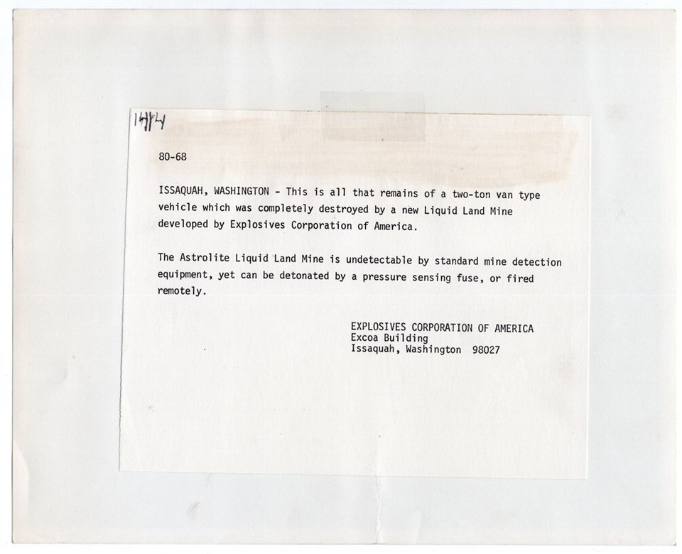 1968 EXCOA Astrolite Liquid Land Mine Test Explosive Results Original ...
