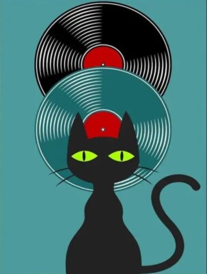 Atomic Era MCM Designed Cat with Records Print on Canvas/Framed Option ...