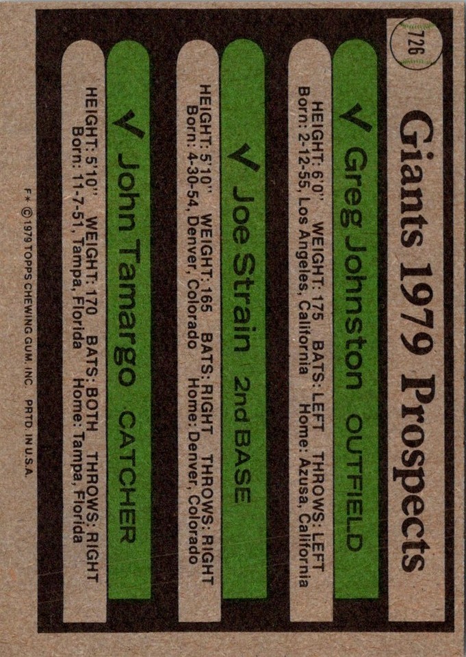 1979 Topps Giants Prospects - Greg Johnston/Joe Strain/John Tamargo | eBay
