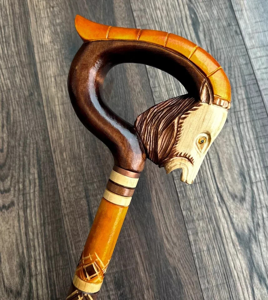 Goat Walking Stick Hand Carvin Cane Wooden Unique Handmade Cane Hiking ...