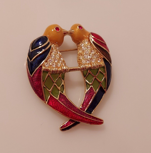 lovebirds exotic parrots double bird pin 2 birds kissing enamel ...
