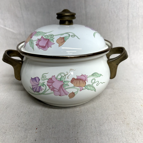 VTG Floral Enamelware Casserole Domed Vented Lid Brass Hardware Tacolor Taiwan | eBay