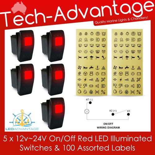 5 x RED 12v 24v Multivolt ON/OFF LED Light Rocker Switch + Stickers ...