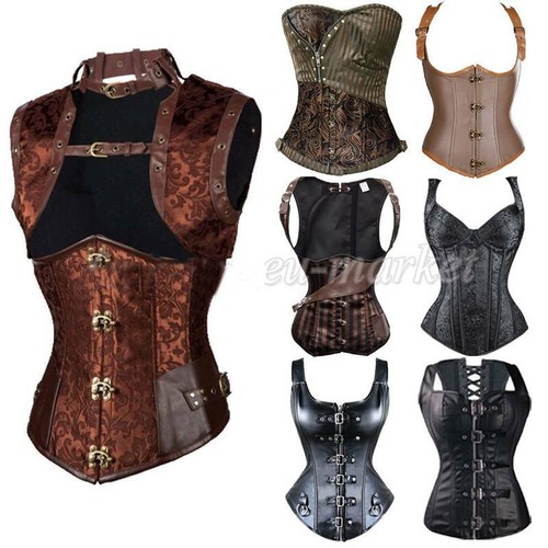 Women Black Gothic Steampunk Boned Corset Plus Size Basque Bustier ...