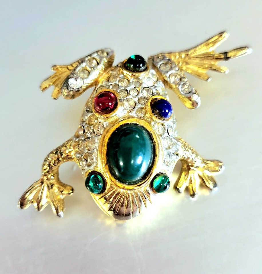 Vintage Sphinx England Green Gripoix Glass Pavé Crystal Frog Brooch Pin ...
