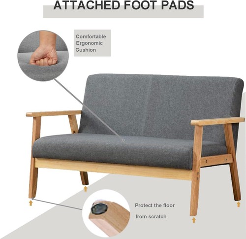 2 Seater Sofa with Sturdy Wood Frame Linen Fabric Small Couch Armchair ...