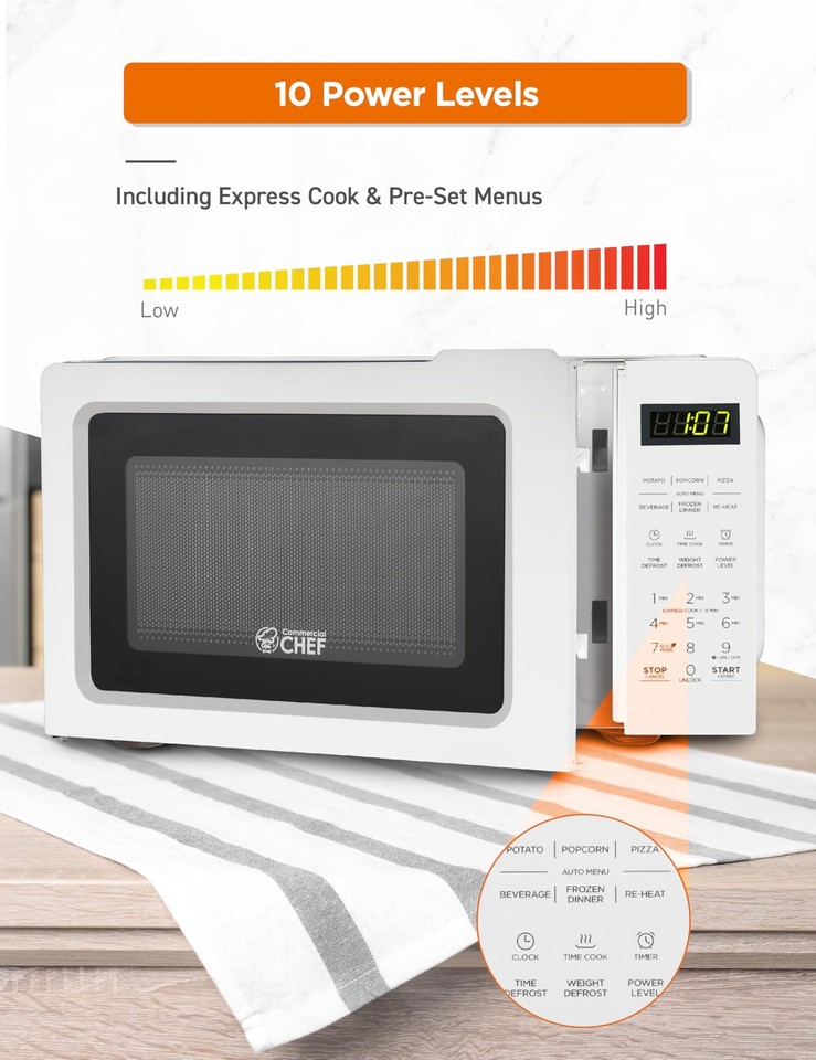OMMERCIAL CHEF 0.7 Cubic Foot Microwave with 10 Power Levels, Small ...