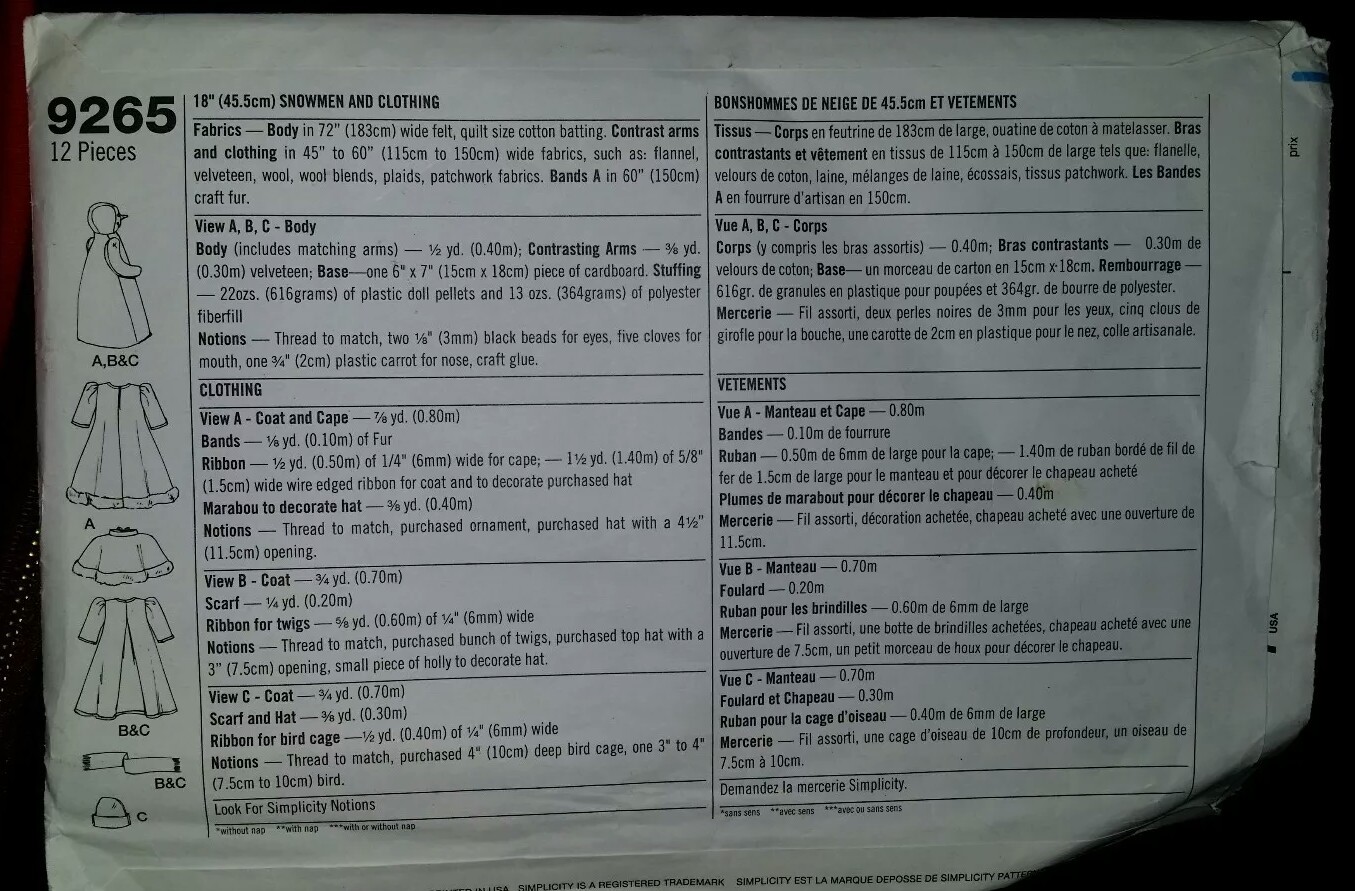 SIMPLICITY CRAFTS CHRISTMAS SNOWMEN &CLOTHING PATTERN 9265 39363161943 ...