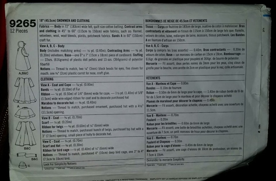 SIMPLICITY CRAFTS CHRISTMAS SNOWMEN &CLOTHING PATTERN 9265 39363161943 ...