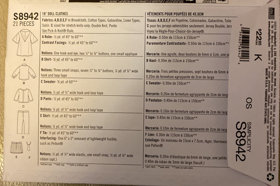 Simplicity 8942 Sewing Pattern 18" Dolls, Harry Potter Costume ...