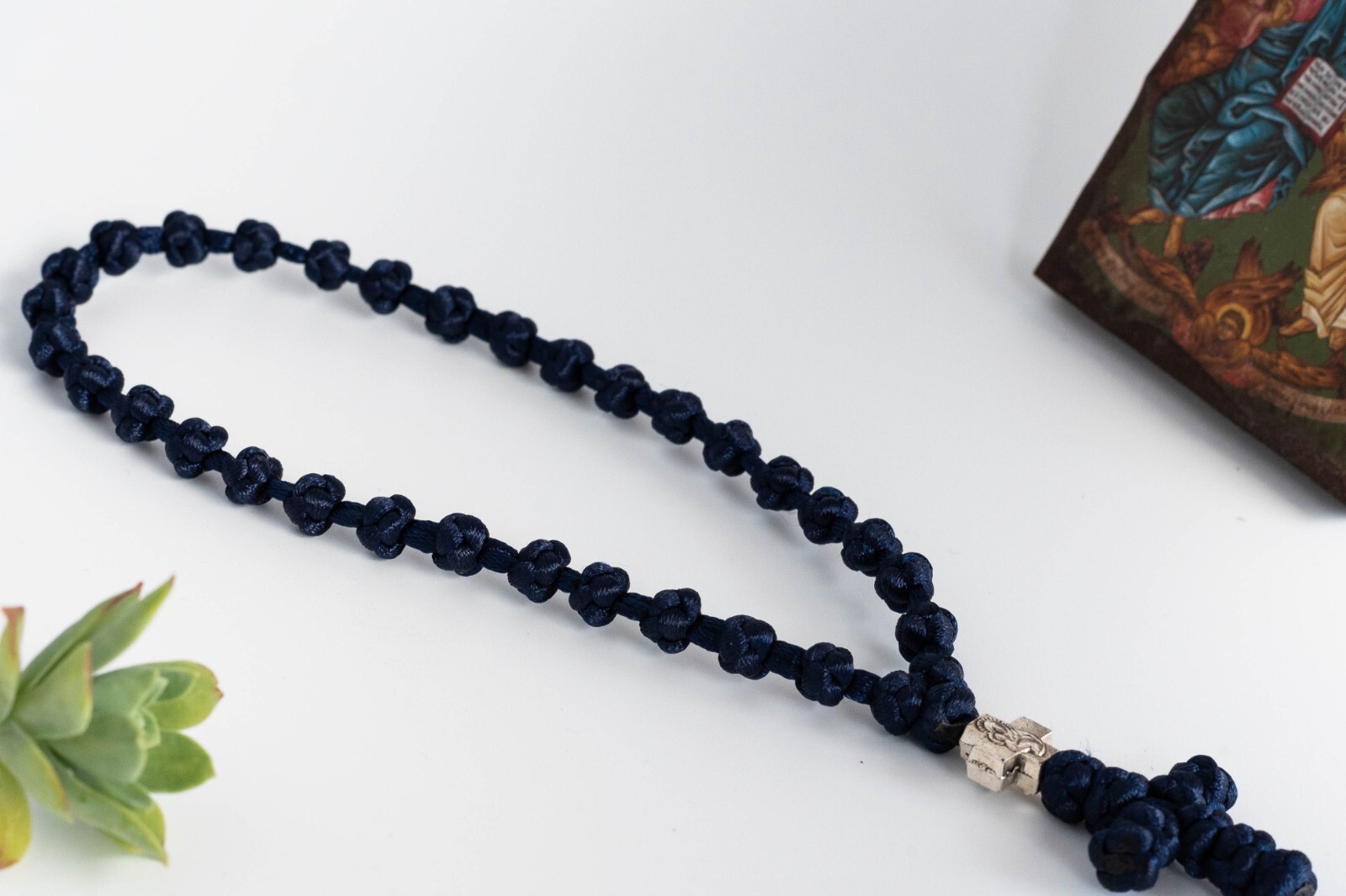 33 knots Blue Orthodox Prayer rope Plain chotki with Cross bead ...
