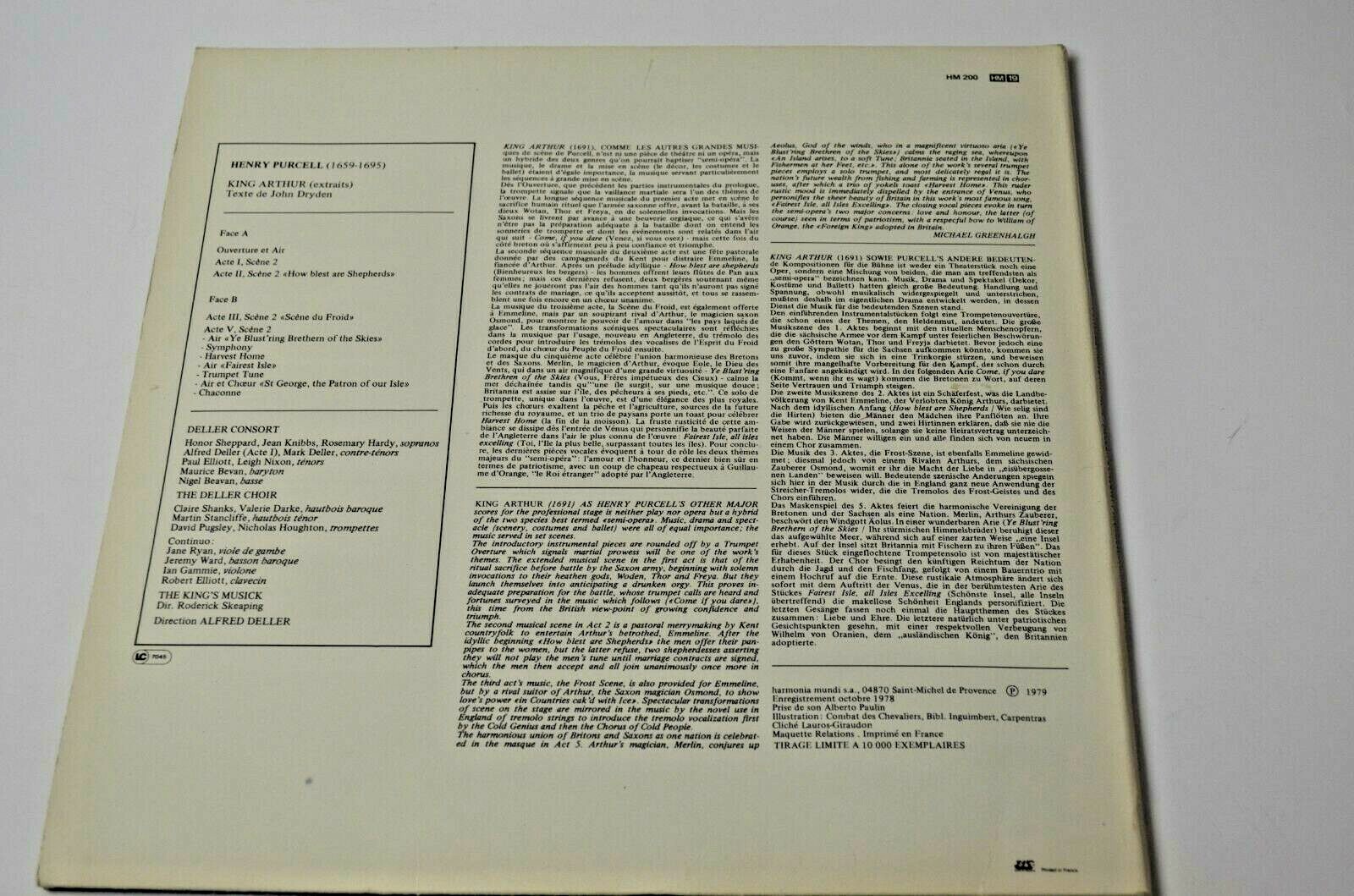 DISQUE VINYLE 33 TOUR PURCELL KING ARTHUR DELLER CONSORT / ALFRED ...