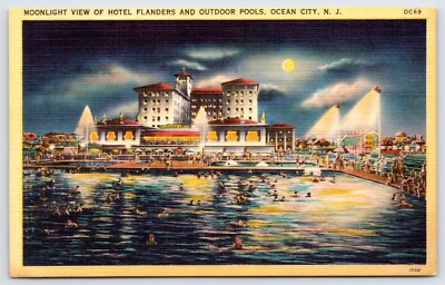 Postcard Moonlight View Of Hotel Flanders & Outdoor Pools, Ocean City ...