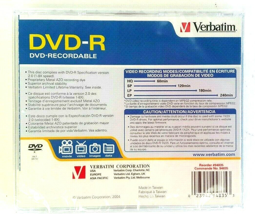 Verbatim DVD-R Blank Discs 4.7GB 120 Minutes 8X Recordable Disc Set 3 ...