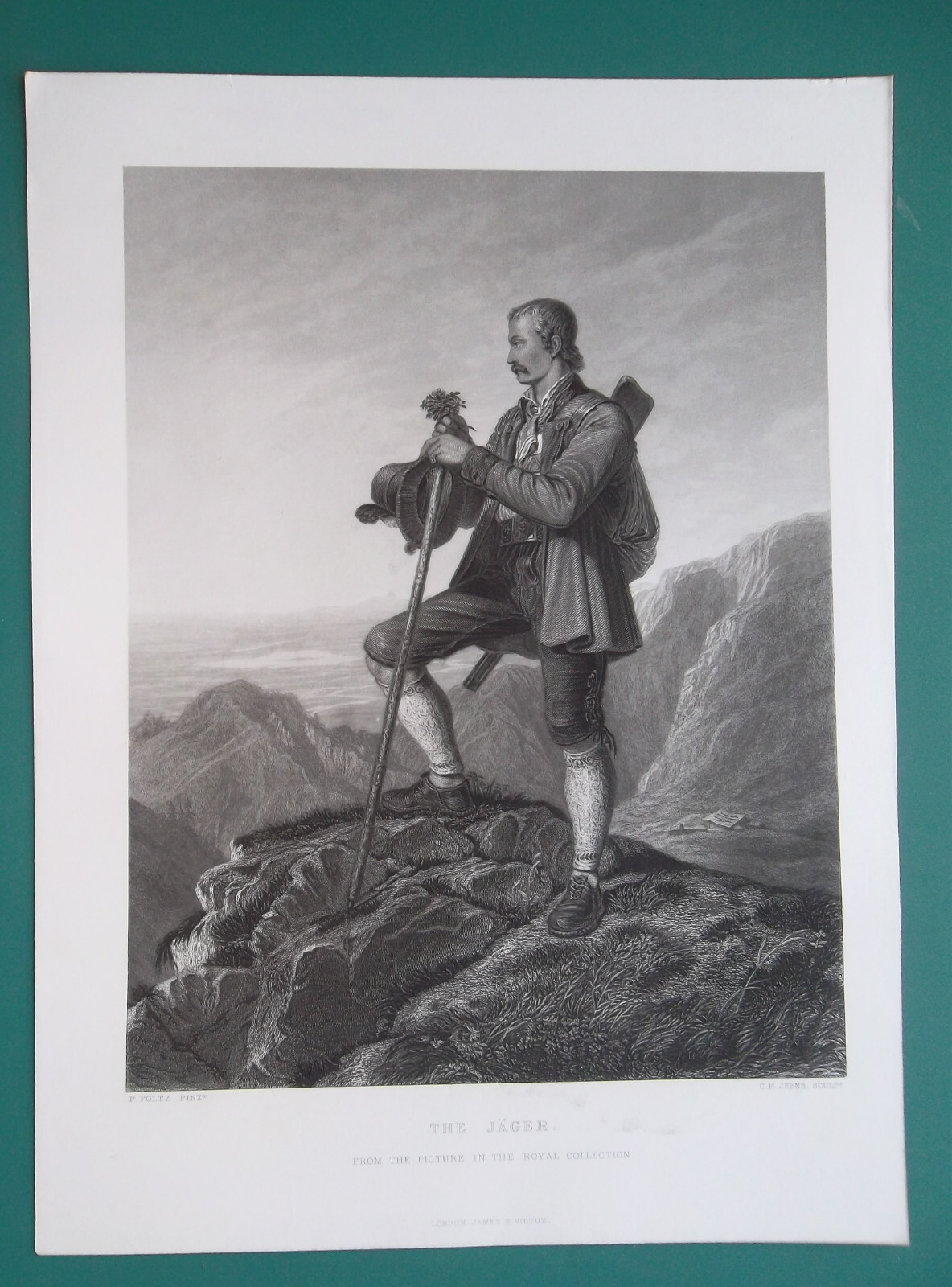 HUNTER Tyrol Jager Hutnsman Rifle Stands on Alpine Craig - 1857 Antique ...